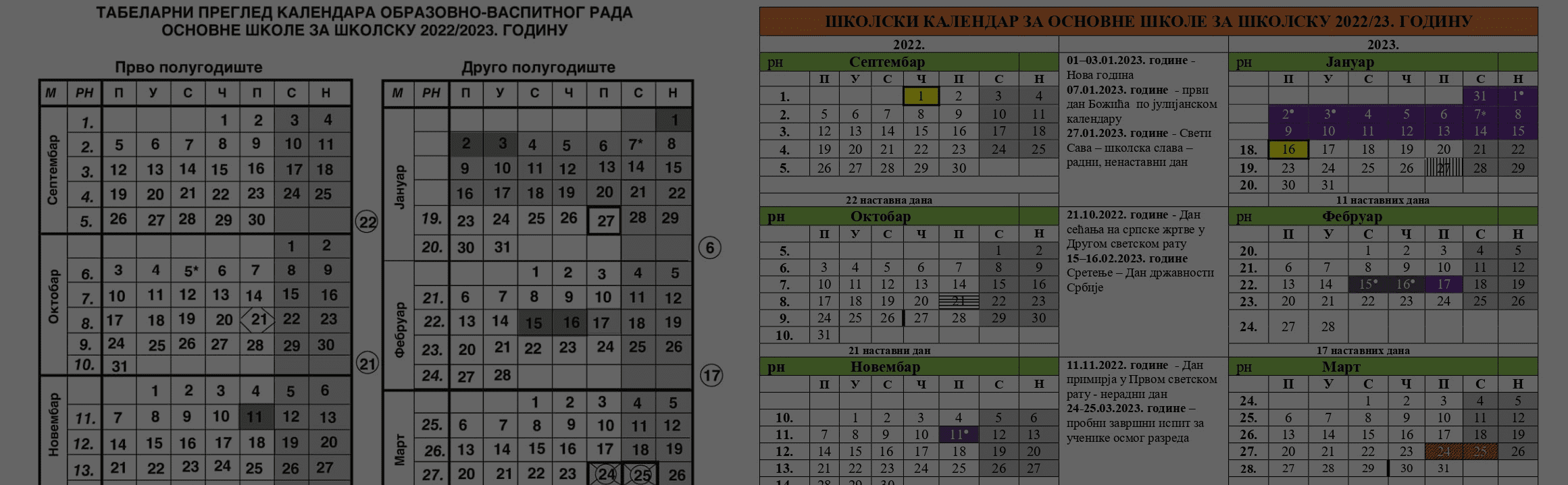 Školski kalendar za 2022/23 godinu - Naucionica